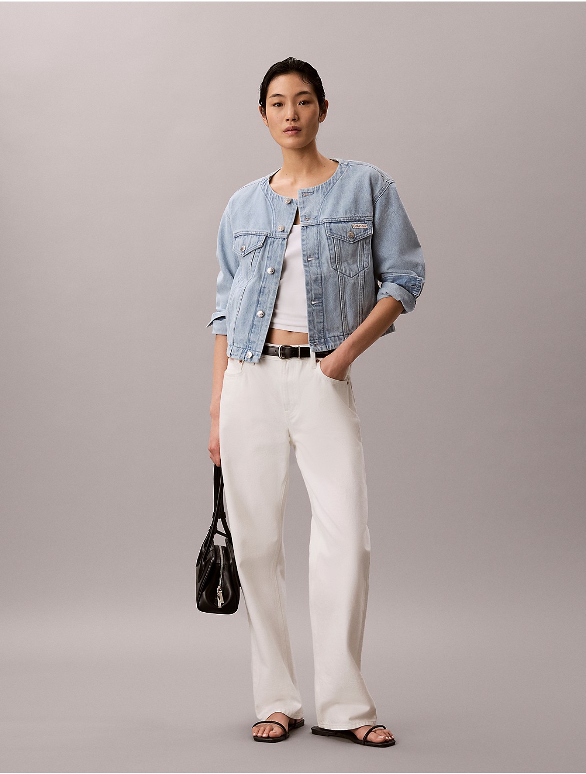 CALVIN KLEIN Calvin Klein Jeans Cropped Collarless Denim Trucker Jacket